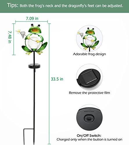 XIFEINIU Garden Solar Lights Outdoor Decorations, Waterproof Frog Crackle Glass Globe Metal Garden Stake Lights, Solar Powered Warm White LED Light for Christmas Pathway Lawn Patio Yard Decor