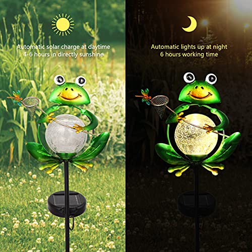 XIFEINIU Garden Solar Lights Outdoor Decorations, Waterproof Frog Crackle Glass Globe Metal Garden Stake Lights, Solar Powered Warm White LED Light for Christmas Pathway Lawn Patio Yard Decor