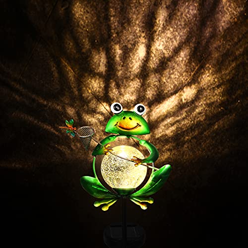 XIFEINIU Garden Solar Lights Outdoor Decorations, Waterproof Frog Crackle Glass Globe Metal Garden Stake Lights, Solar Powered Warm White LED Light for Christmas Pathway Lawn Patio Yard Decor