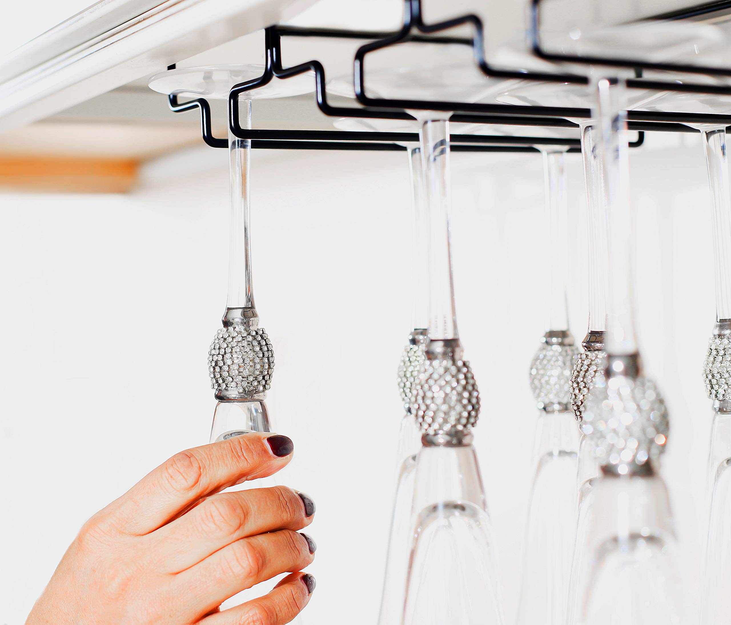 Wine Glass Rack - Under Cabinet Stemware Wine Glass Holder Durable Glasses Storage Hanger Metal Organizer for Bar Kitchen UPGRADED DESIGN Black (3 Rows)