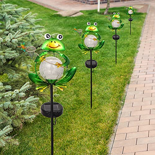 XIFEINIU Garden Solar Lights Outdoor Decorations, Waterproof Frog Crackle Glass Globe Metal Garden Stake Lights, Solar Powered Warm White LED Light for Christmas Pathway Lawn Patio Yard Decor