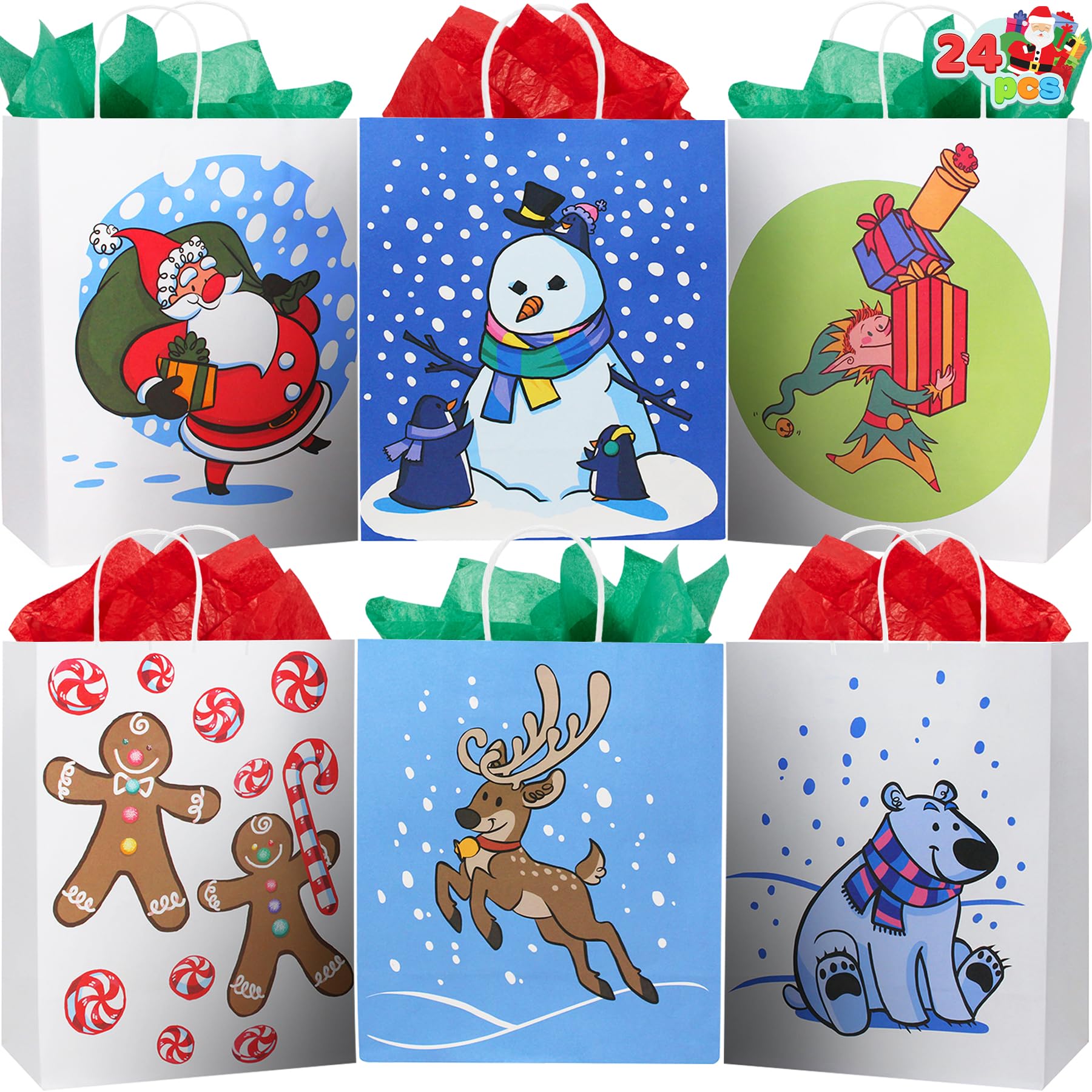 JOYIN 24 Christmas Kraft Paper Gift Bags with Handles Blue and White with Assorted Christmas Prints for Holiday Christmas Goody Bags, Xmas Gift Bags, School Classrooms and Party Favors
