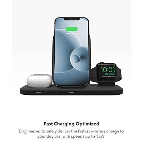 mophie 3-in-1 Wireless Charging Stand for Apple iPhone, AirPods/AirPods Pro & Watch, 7.5W Fast Charging, Stylish Gloss Finish, Portrait or Landscape Smartphone Charging Mode, Black