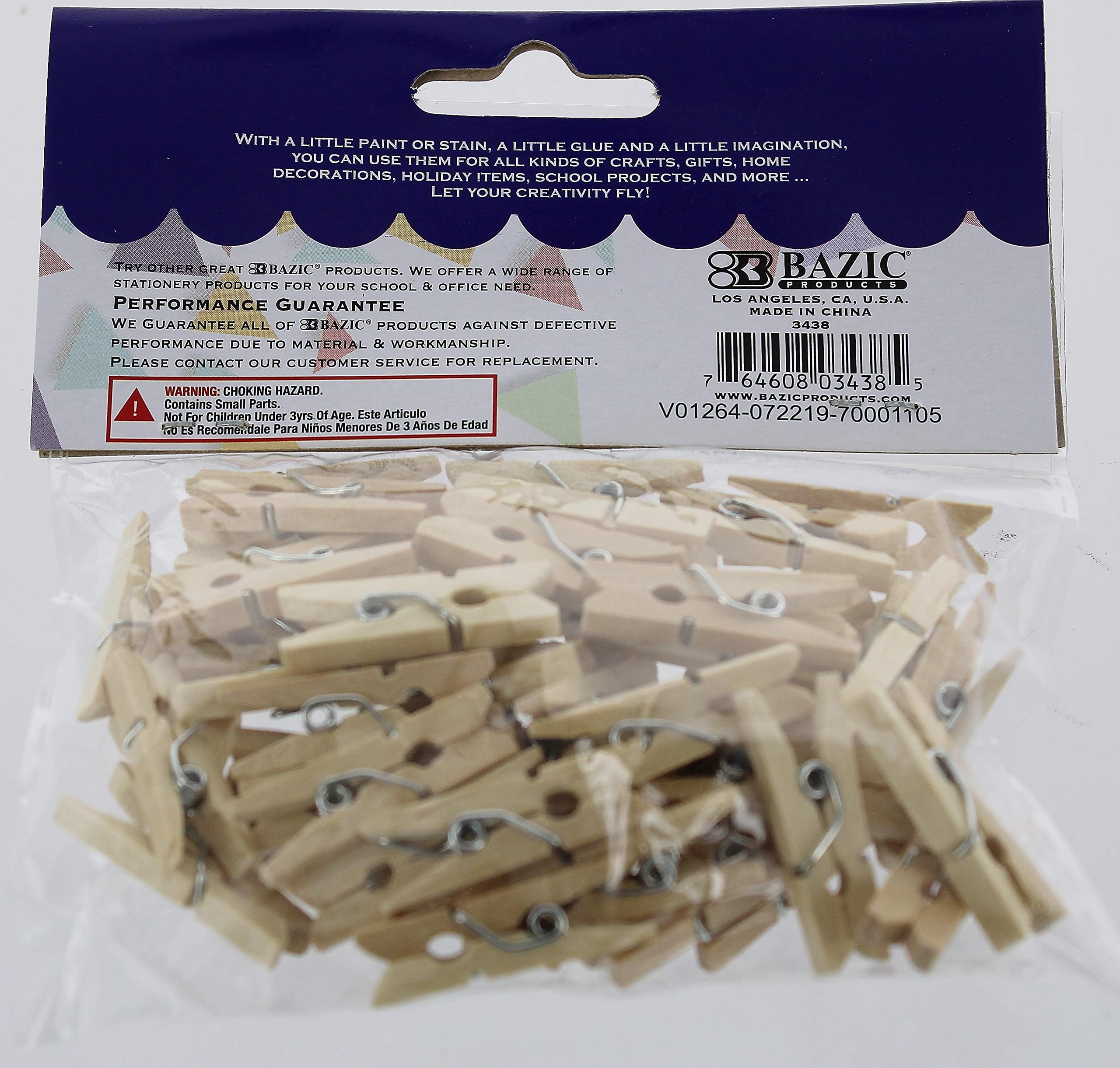 BAZIC Mini, Natural Clothespins, Wood, 50 Per Pack