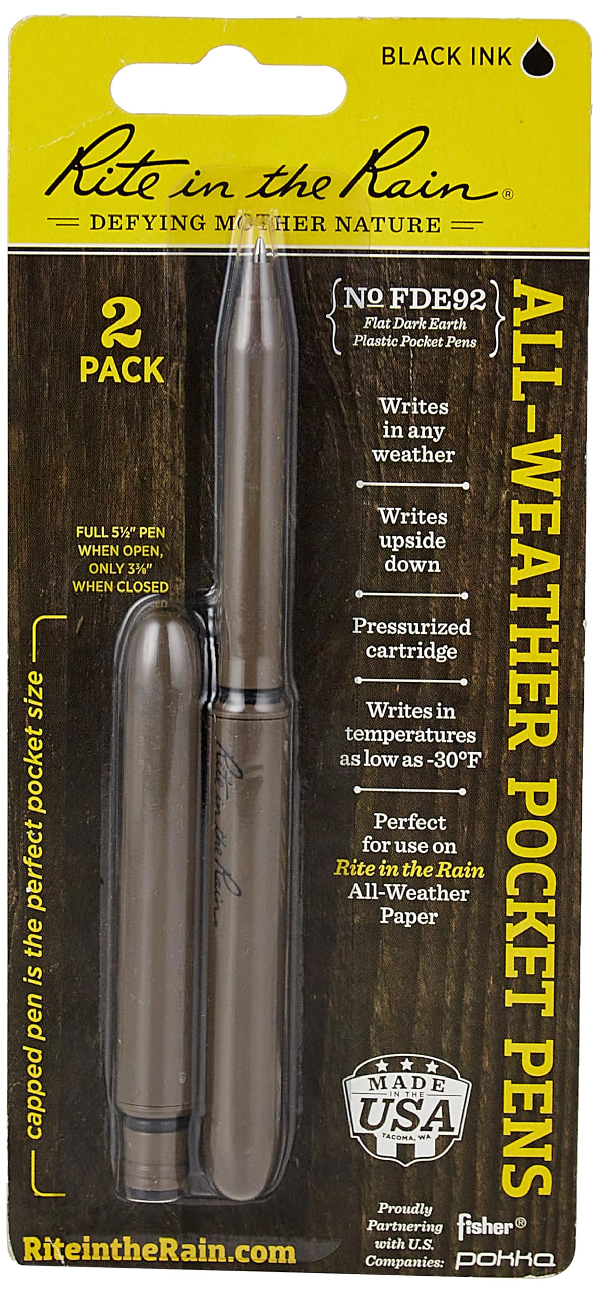Rite in the Rain All-Weather EDC Pen, Flat Dark Earth Pokka 2-Pack, Black 0.8mm Ink, Fine Point (No. FDE92)