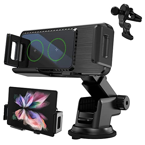 Wireless Car Charger, Boaoige Car Phone Mount, Auto-Rotating 2 Coils 15W Qi Fast Charging Car Phone Holder for Samsung Galaxy Z Fold/Flip 4 3 5G/S22/S21,iPhone 14 13 Pro Max, Google Pixel 6 Pro