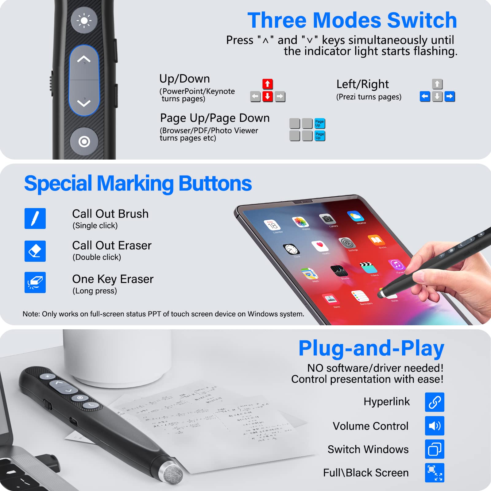 NinjaABXY Presentation Clicker with Pointer Stylus Pen for Touch Screen, Rechargeable Wireless Presenter Remote, RF USB PowerPoint Clicker, Slide Advancer with Hyperlink Volume Control for Mac PC