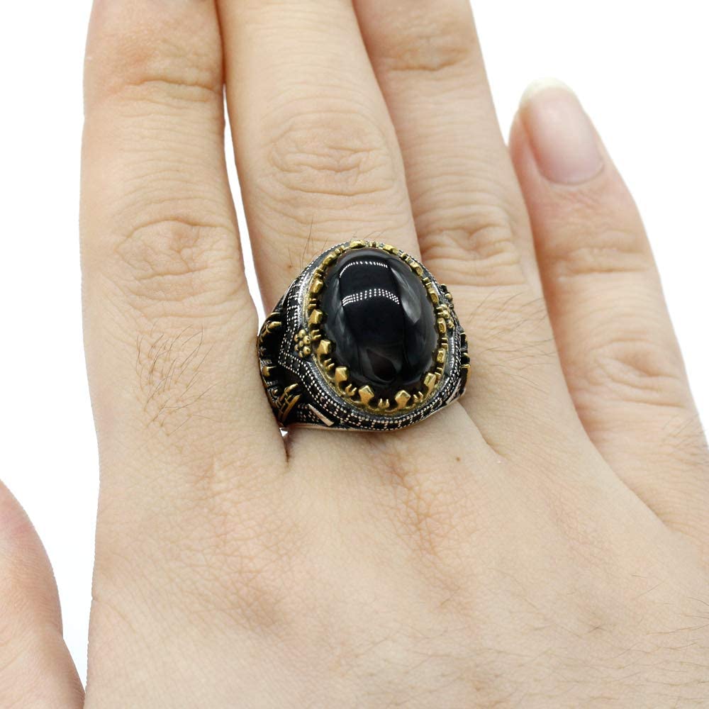 Qida Natural Agate Men's Ring S925 Pure Silver Black Agate Stone Ring Vintage Castle Men's Ring Gothic Unique Bracelet (Size9)