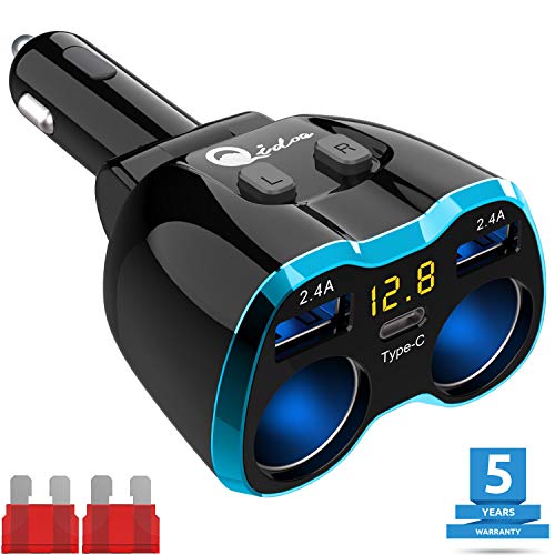 USB C Car Charger, Cigarette Lighter Splitter Adapter 2 Socket Type C Multi Power Outlet 12V/24V 80W DC with LED Voltmeter Switch 5.8A Dual USB Port for Mobile Cell Phone GPS Dash Cam