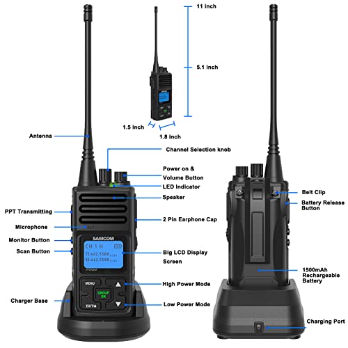 SAMCOM FPCN30A Two Way Radios Long Range 5 Watts Walkie Talkies for Adults Rechargeable 2 Way Radios UHF Programmable Handheld Business Radio 1500mAh Battery with Earpieces,Group Call, 6 Packs