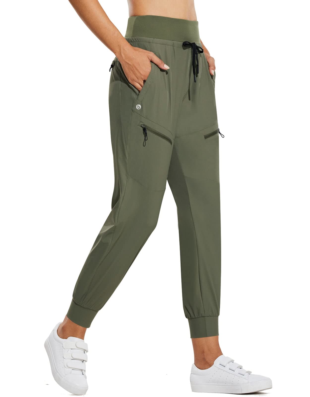 BALEAF Women's Joggers Lightweight Hiking Pants High Waist 5 Zipper Pockets Quick Dry Travel Athletic UPF50+ Rifle Green S