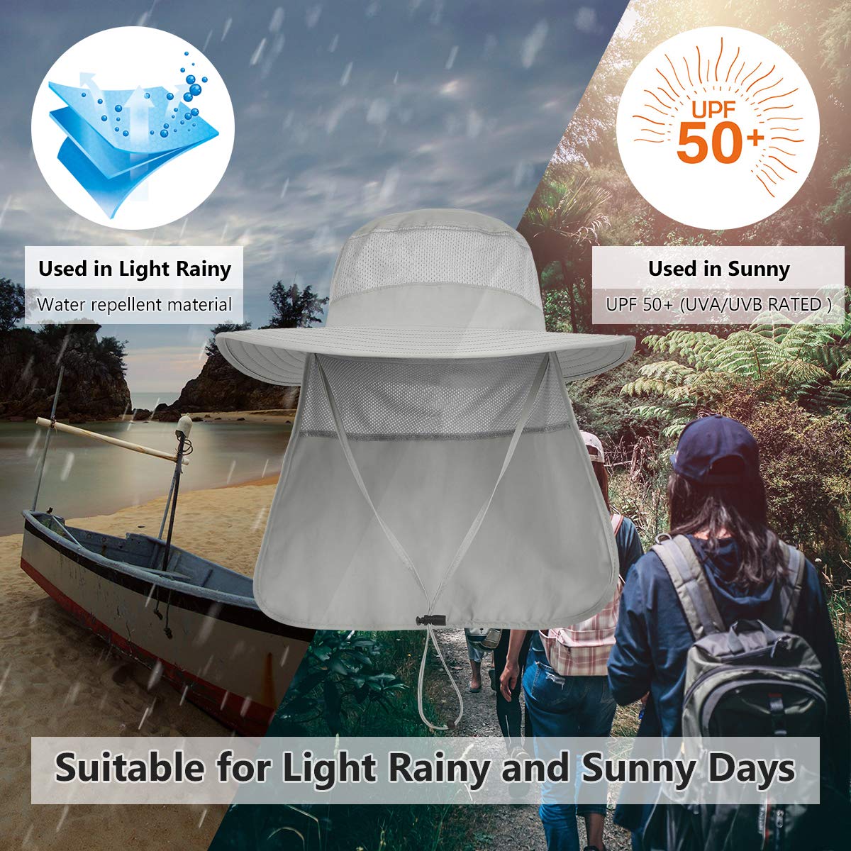 LCZTN Mens UPF 50+ Sun Protection Safari Cap Wide Brim Fishing Hiking Hat with Neck Flap for Garden Work (2 Pack-Light Grey&Light Grey)