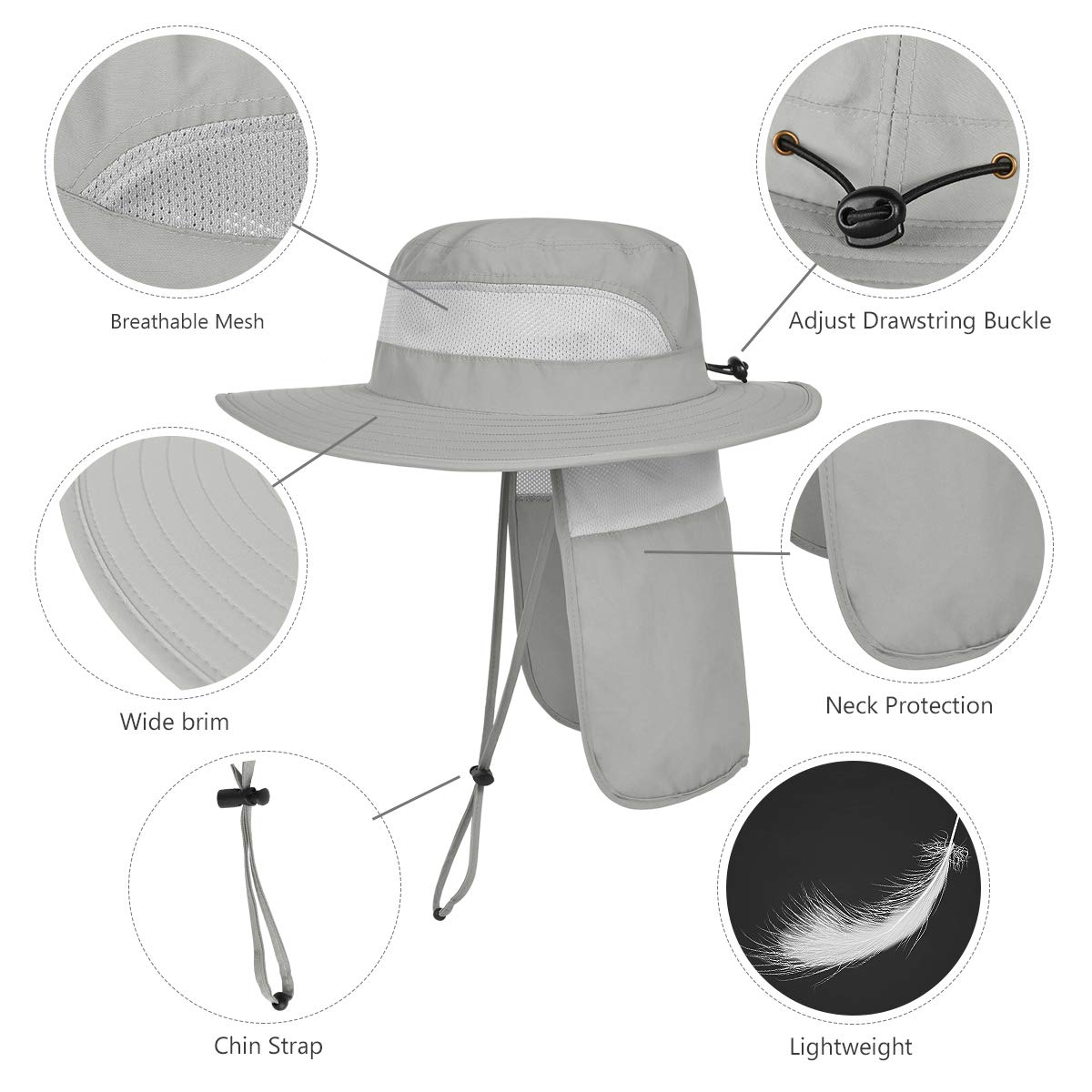 LCZTN Mens UPF 50+ Sun Protection Safari Cap Wide Brim Fishing Hiking Hat with Neck Flap for Garden Work (2 Pack-Light Grey&Light Grey)