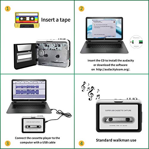 Reshow Cassette Player β Portable Tape Player Captures MP3 Audio Music via USB β Compatible with Laptops and Personal Computers β Convert Walkman Tape Cassettes to iPod Format (Silver)
