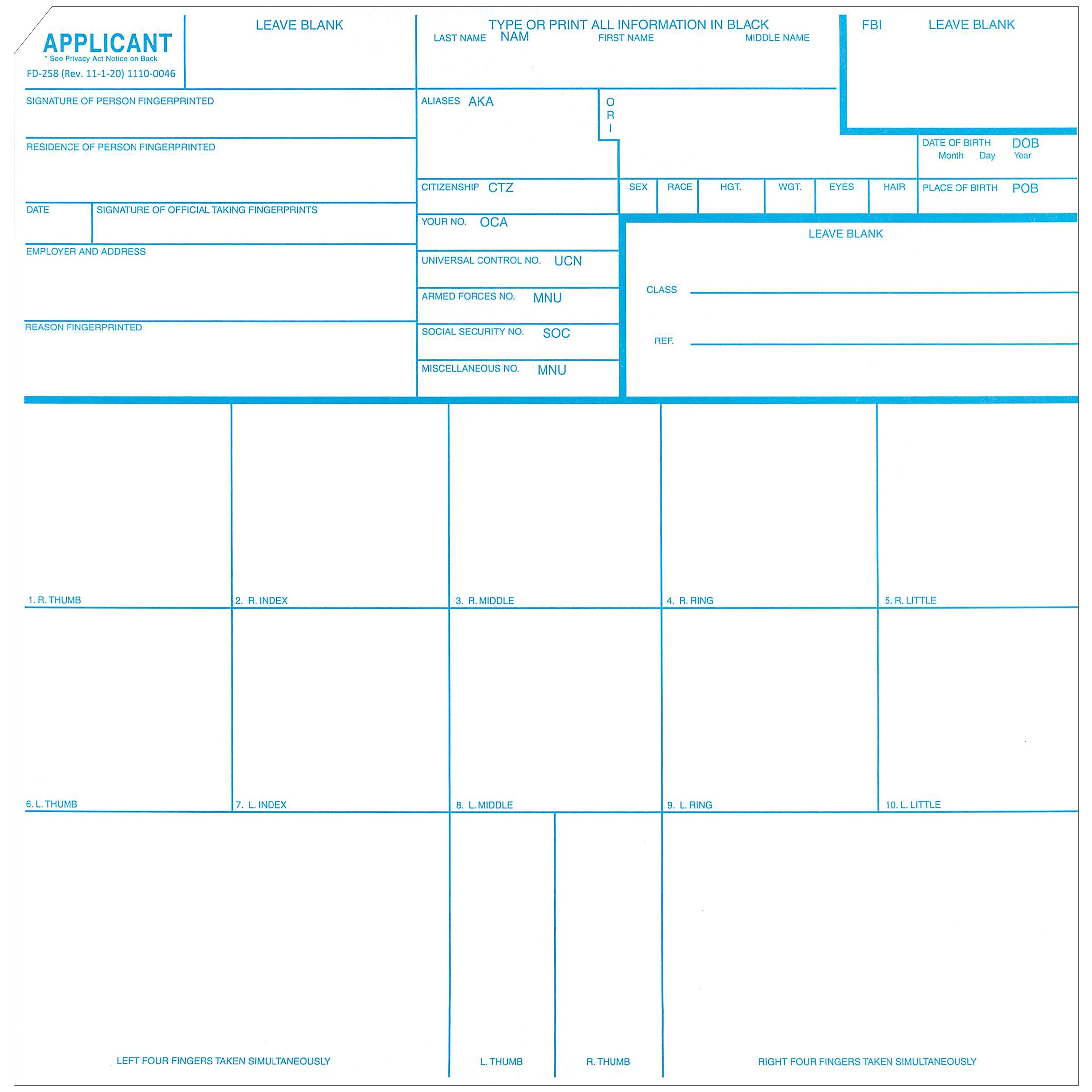 Fingerprint Cards, Applicant FD-258, 50 pack