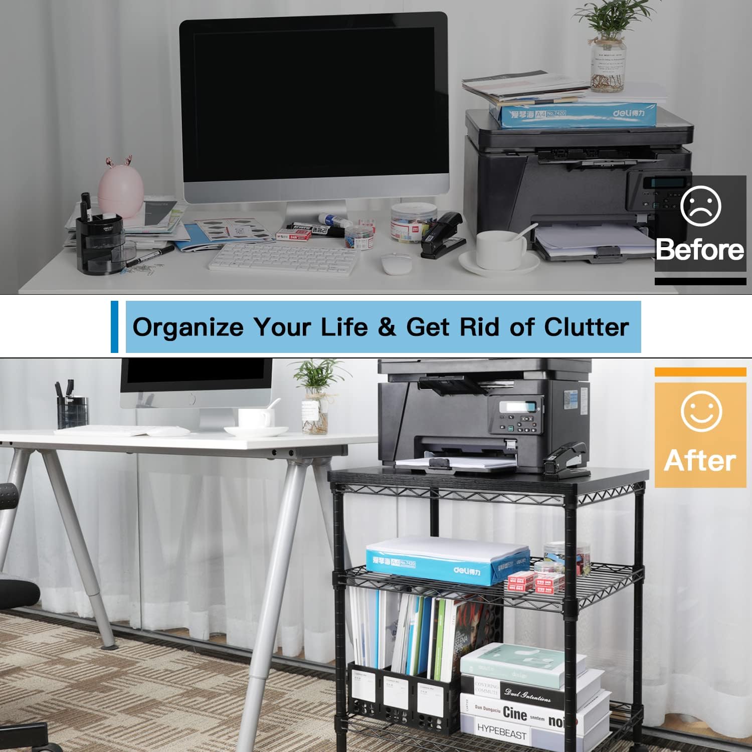 HUANUO Printer Stand, 3 Tier Printer Cart for Storage, Printer Table Holds up to 200lbs, Multifunctional Metal Utility Shelves, Workspace Desk Organizer, Rolling Cart for Home & Office Use, HNPS01