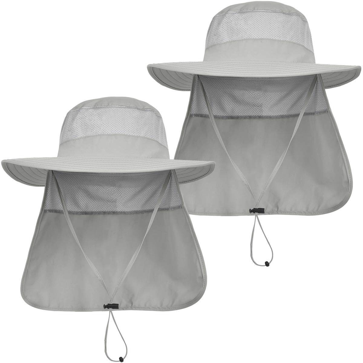 LCZTN Mens UPF 50+ Sun Protection Safari Cap Wide Brim Fishing Hiking Hat with Neck Flap for Garden Work (2 Pack-Light Grey&Light Grey)