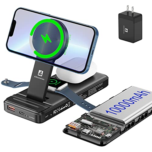10000mAh for MagSafe Charging Station, 5 in 1 Foldable Magnetic Wireless Charging Station for iPhone 14 13 12 Pro Max Mini, Apple Watch, Airpods, Compact Wireless Power Stand MagSafe Portable Charger