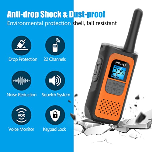 NXGKET Walkie Talkies for Adults 2 Pack, Rechargeable Long Range Walkie Talkie 2 Way Radios 22 Channels VOX Scan LCD Display with Li-ion Battery Type-C Cable for Gift Family Camping Hiking