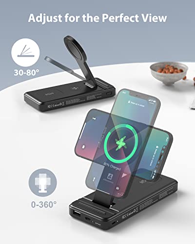 10000mAh for MagSafe Charging Station, 5 in 1 Foldable Magnetic Wireless Charging Station for iPhone 14 13 12 Pro Max Mini, Apple Watch, Airpods, Compact Wireless Power Stand MagSafe Portable Charger