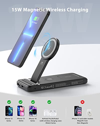10000mAh for MagSafe Charging Station, 5 in 1 Foldable Magnetic Wireless Charging Station for iPhone 14 13 12 Pro Max Mini, Apple Watch, Airpods, Compact Wireless Power Stand MagSafe Portable Charger