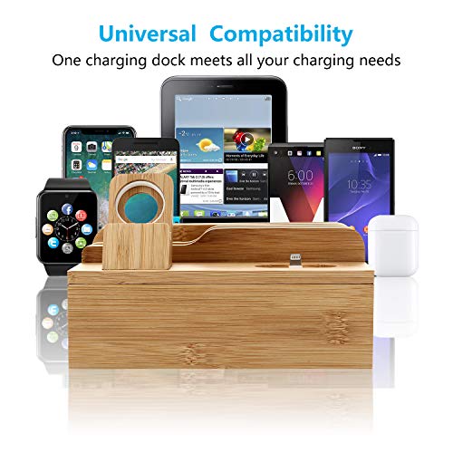 Bamboo Charging Station for Multi Device with 5 USB A Charger Port Sendowtek 6 in 1 Charging Stand for Phone Tablet Smart Watch Holder Earbud Dock Charger Organizer with Power Supply(no watch charger)