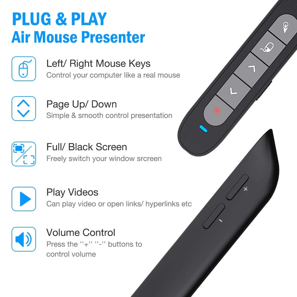 DinoFire Wireless Presenter Remote with Air Mouse, RF 2.4GZ USB Rechargeable Presentation Clicker and Pointer Powerpoint PPT Slide Clicker for Laptop/Computer/MAC
