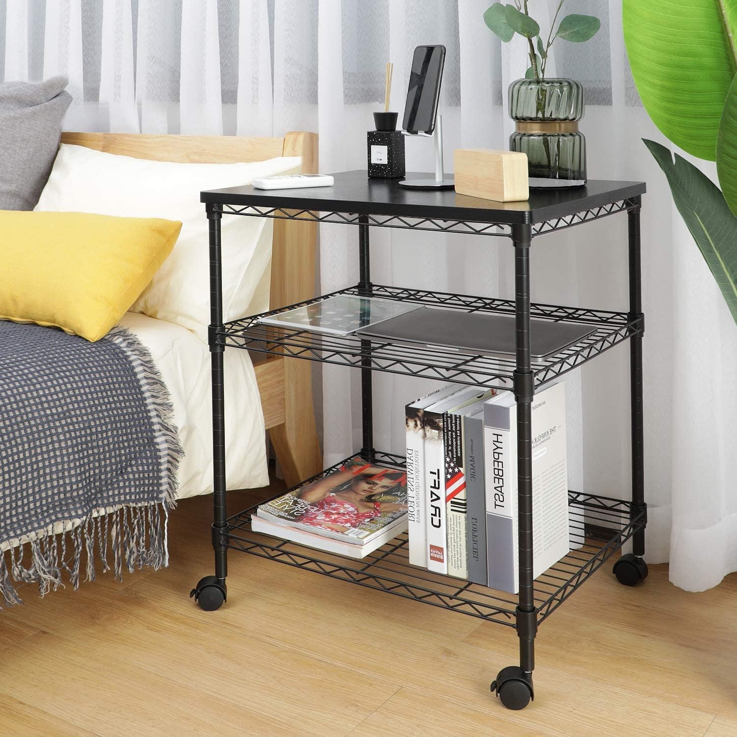 HUANUO Printer Stand, 3 Tier Printer Cart for Storage, Printer Table Holds up to 200lbs, Multifunctional Metal Utility Shelves, Workspace Desk Organizer, Rolling Cart for Home & Office Use, HNPS01
