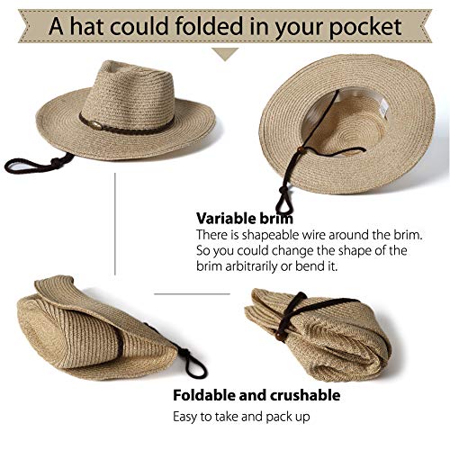 Womens Straw Sun Hat Classic Flat Beach Hat Mens Garden Hat Cowboy Style Hat with Wind Lanyard UPF 50+ Summer Hat Beige
