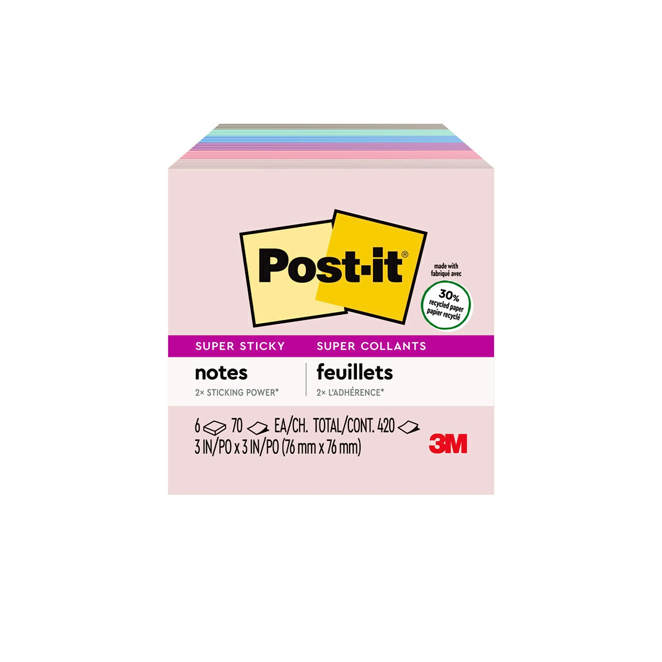 Post-it Super Sticky Recycled Notes, 3 x 3 in, 5 Pads, 2x the Sticking Power, Wanderlust Collection, Pastel Colors, 30% Recycled Paper (654-5SSNRP)
