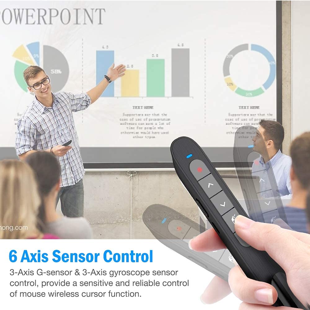 DinoFire Wireless Presenter Remote with Air Mouse, RF 2.4GZ USB Rechargeable Presentation Clicker and Pointer Powerpoint PPT Slide Clicker for Laptop/Computer/MAC
