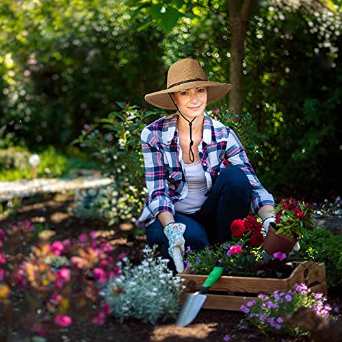 Womens Straw Sun Hat Classic Flat Beach Hat Mens Garden Hat Cowboy Style Hat with Wind Lanyard UPF 50+ Summer Hat Beige