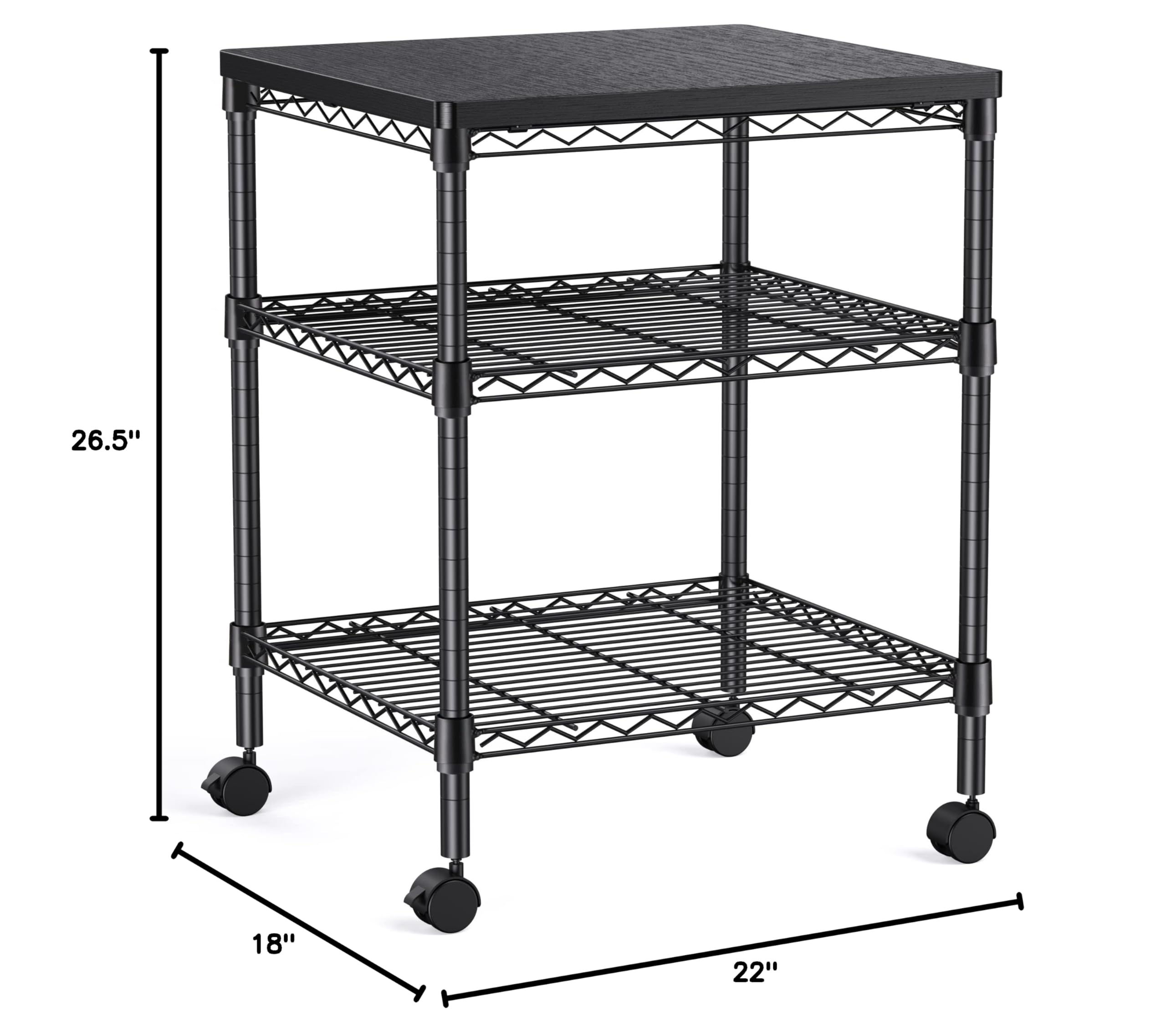 HUANUO Printer Stand, 3 Tier Printer Cart for Storage, Printer Table Holds up to 200lbs, Multifunctional Metal Utility Shelves, Workspace Desk Organizer, Rolling Cart for Home & Office Use, HNPS01