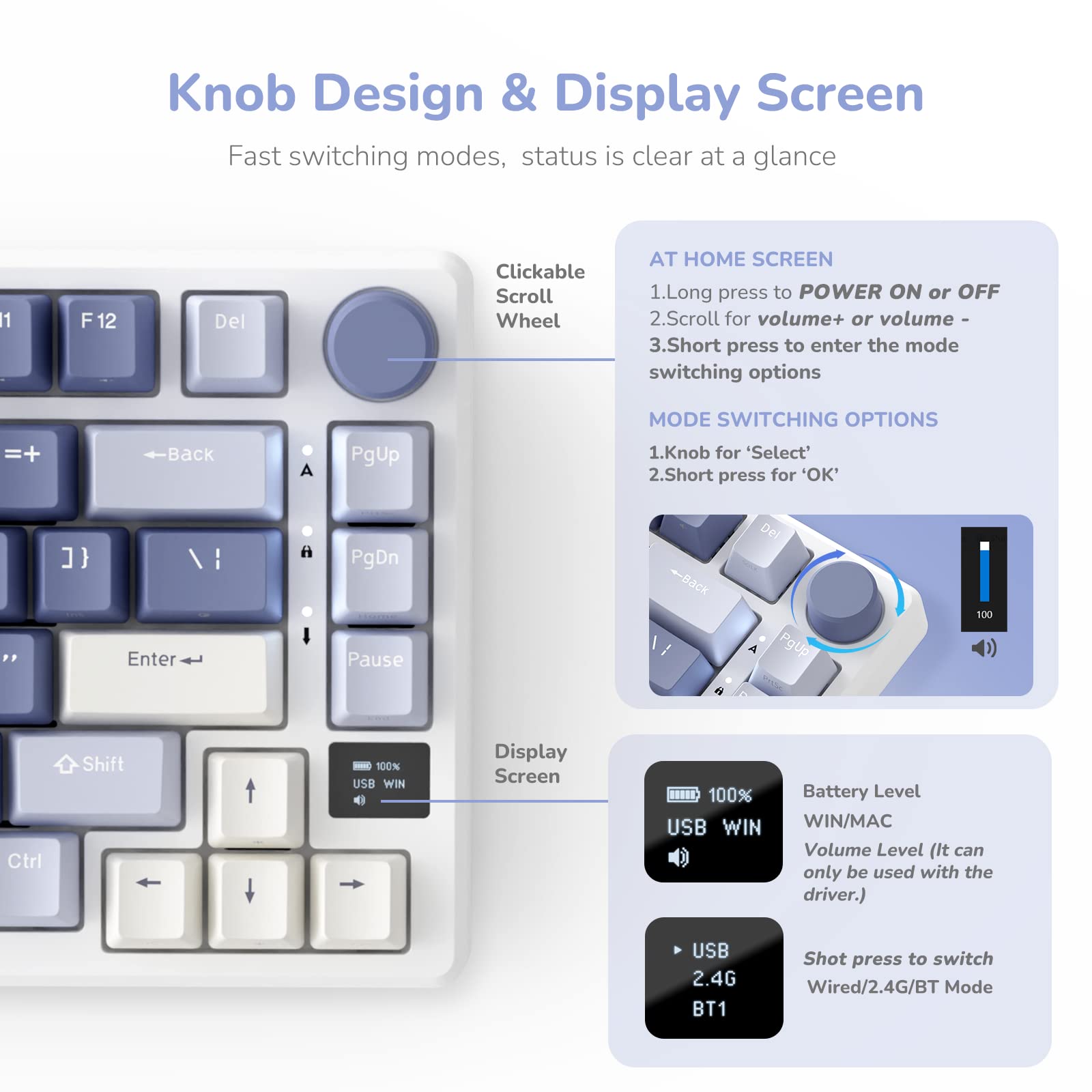 RK ROYAL KLUDGE M75 Mechanical Keyboard with OLED Smart Display and Volume Knob, 2.4G/USB-C/BT Gasket Mounted 75% Layout Wireless Gaming Keyboard with 81 Keys, RGB Backlit Hot-Swap Fast Silver Switch