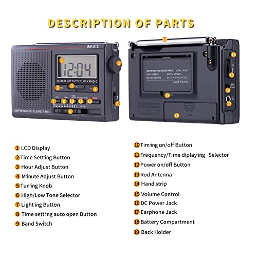 Portable AM FM SW 12 Bands Shortwave Radio, Small Walkman Digital Radio, Time Setting with Auto Power On/Off, High/Low Tone Mode, Build-in Speaker and Earphone Jack, Powered by DC or 2AA Battery