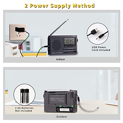 Portable AM FM SW 12 Bands Shortwave Radio, Small Walkman Digital Radio, Time Setting with Auto Power On/Off, High/Low Tone Mode, Build-in Speaker and Earphone Jack, Powered by DC or 2AA Battery