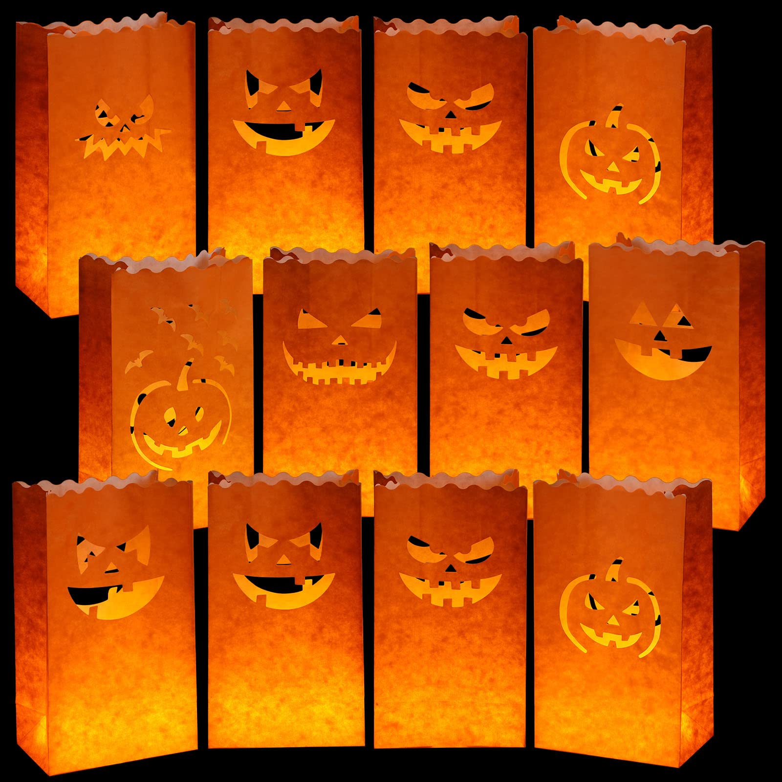 Mimorou 140 Pcs Halloween Pumpkin Bags Luminary Bags Cute Paper Lantern Candle Bags Flame Resistant Halloween Party Decoration, 7 Styles