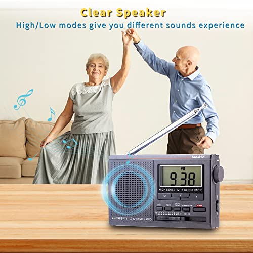Portable AM FM SW 12 Bands Shortwave Radio, Small Walkman Digital Radio, Time Setting with Auto Power On/Off, High/Low Tone Mode, Build-in Speaker and Earphone Jack, Powered by DC or 2AA Battery