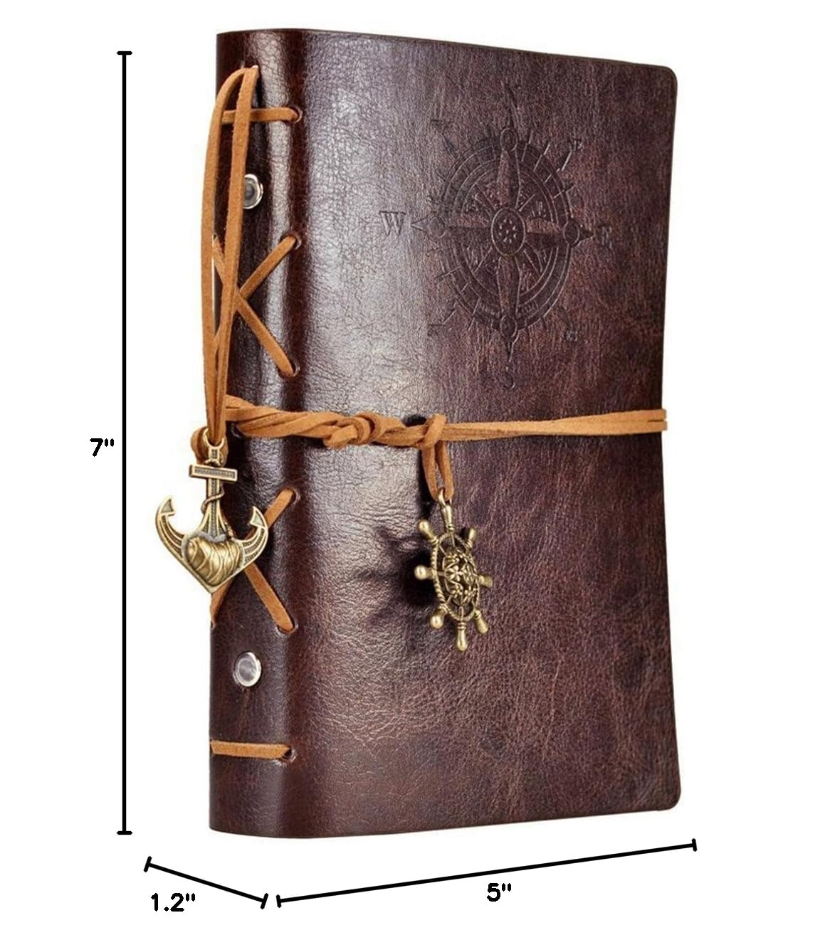 EvZ Leather Writing Journal Notebook, 7 Inches Vintage Nautical Spiral Blank String Diary Notepad Sketchbook Travel to Write in, Unlined Paper, Retro Pendants, Classic Embossed, Coffee