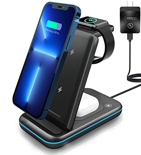 Wireless Charging Station, MSTJRY 3 in 1 Wireless Charger Stand Portable Designed for Apple Products Multiple Devices iPhone iWatch S7 SE S6 S5 S4 S3 S2 Airpods UL Certified Power Adapter Included