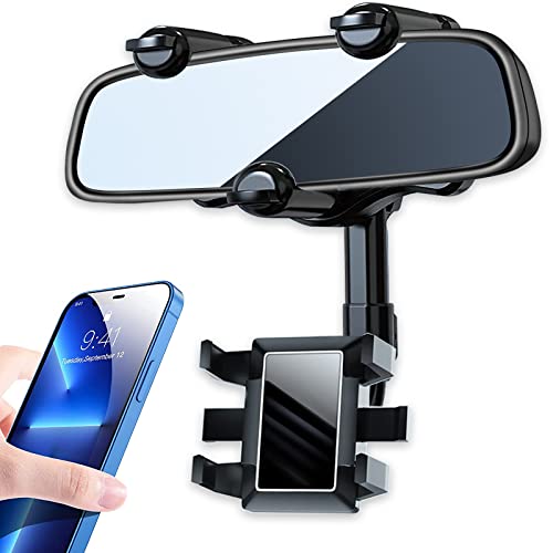PKYAA Rearview Mirror Phone Holder for Car, 360° Rotating Rear View Mirror Phone Mount with Adjustable Arm Length, Multifunctional Phone and GPS Holder Universal Car Phone Holder for All Smartphones