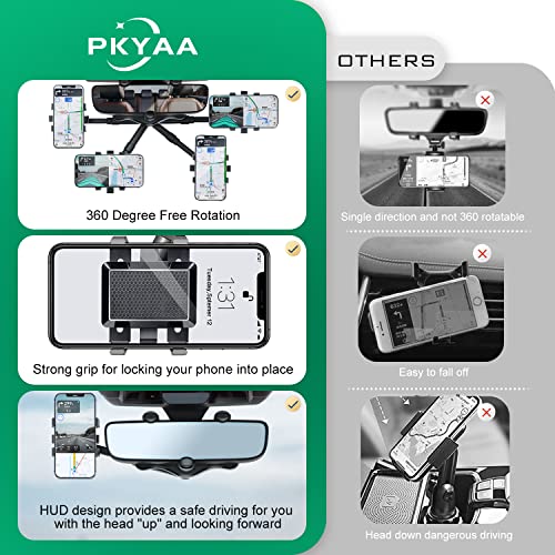 PKYAA Rearview Mirror Phone Holder for Car, 360° Rotating Rear View Mirror Phone Mount with Adjustable Arm Length, Multifunctional Phone and GPS Holder Universal Car Phone Holder for All Smartphones