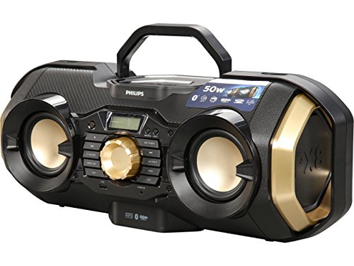 Phillips Bluetooth Boombox Speaker Rugged, Portable, Wireless Radio, USB, AUX, and CD Music Player - 50 Watt, Dynamic Bass, Digital Display, Light Up Speaker - Model PX840T 