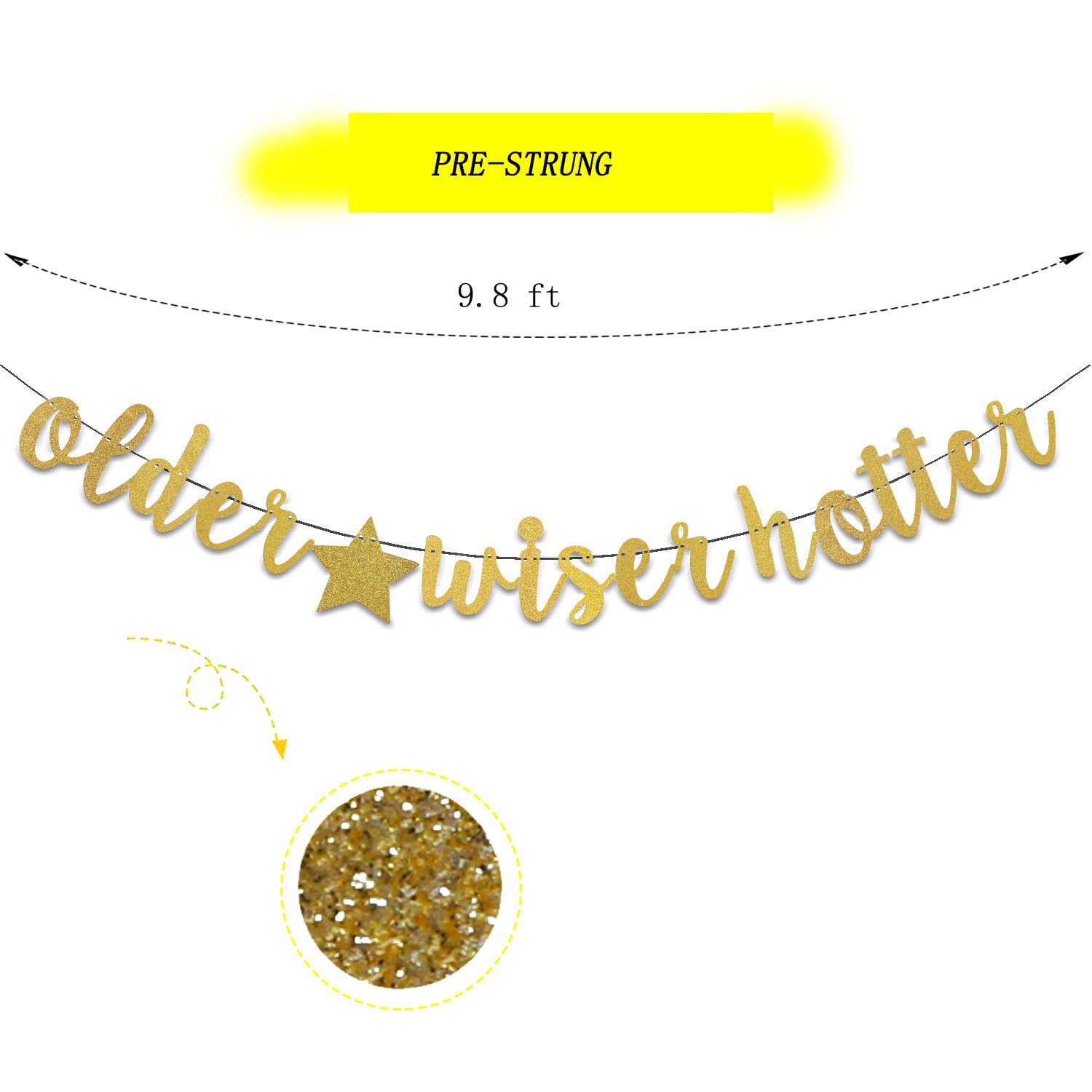 Gold Older Wiser Hotter, Funny Birthday Banner for Men Women, Glitter Birthday Party ,Funny 30th 40th 50th 60th 70th 80th Birthday Party Decorations