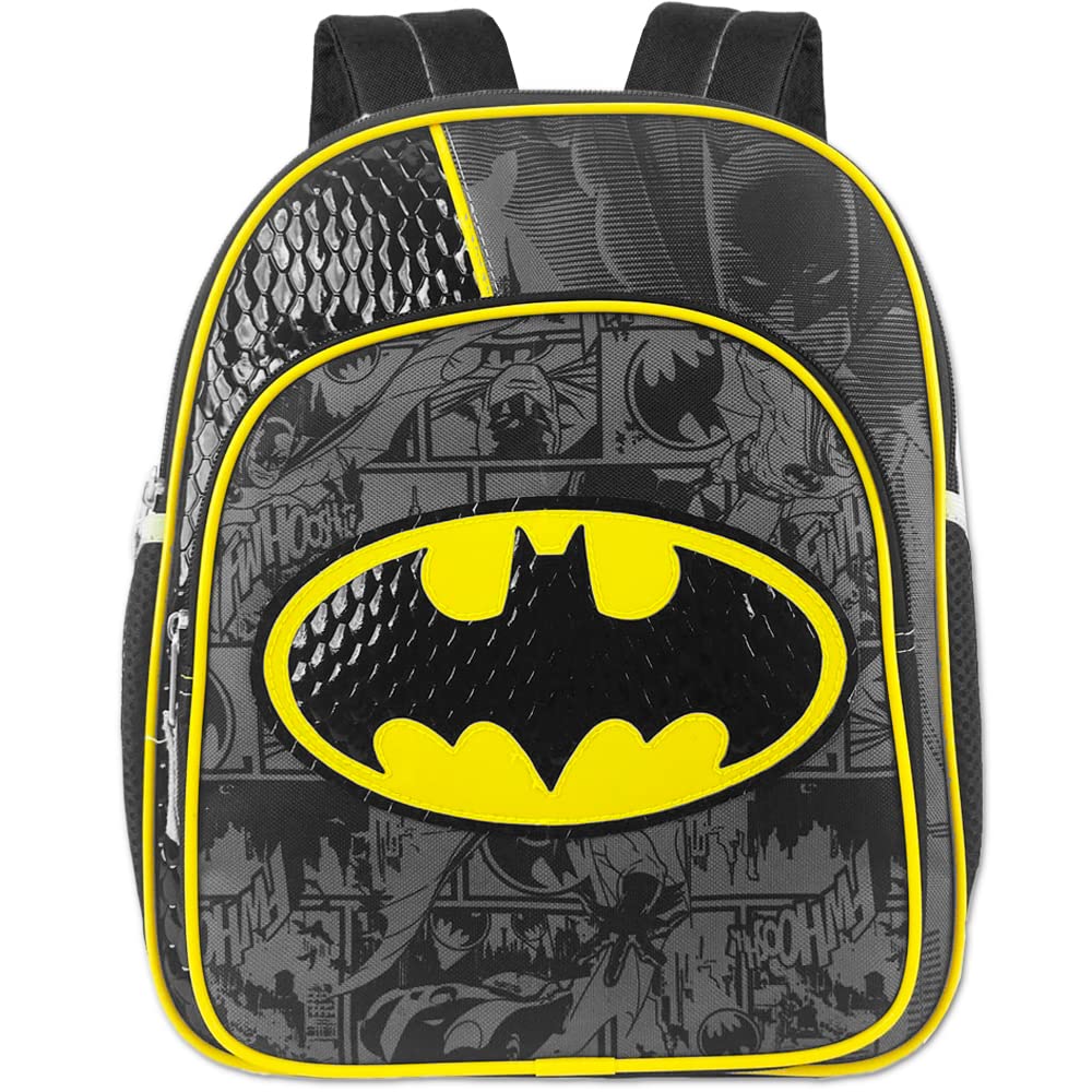 DC Comics Justice League Batman Backpack for Boys Toddlers Kids ~ Deluxe 12 Inch Batman Preschool Toddler Backpack with Detachable Cape and Stickers (Batman School Supplies)