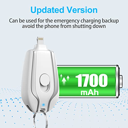 EMNT Keychain Portable Charger for iPhone, 1700mAh Mini Power Emergency Pod,Ultra-Compact External Fast Charging Power Bank Battery Pack, Key Ring Cell Phone Charger,Charger Smaller Than a Card,White
