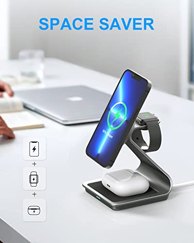 3 in 1 Wireless Charger for MagSafe, Aluminum Alloy Wireless Charging Station, Compatible with iPhone 14/13/12, Apple Watch, AirPods Pro/3/2 (Cable and Adapter Included) Space Grey
