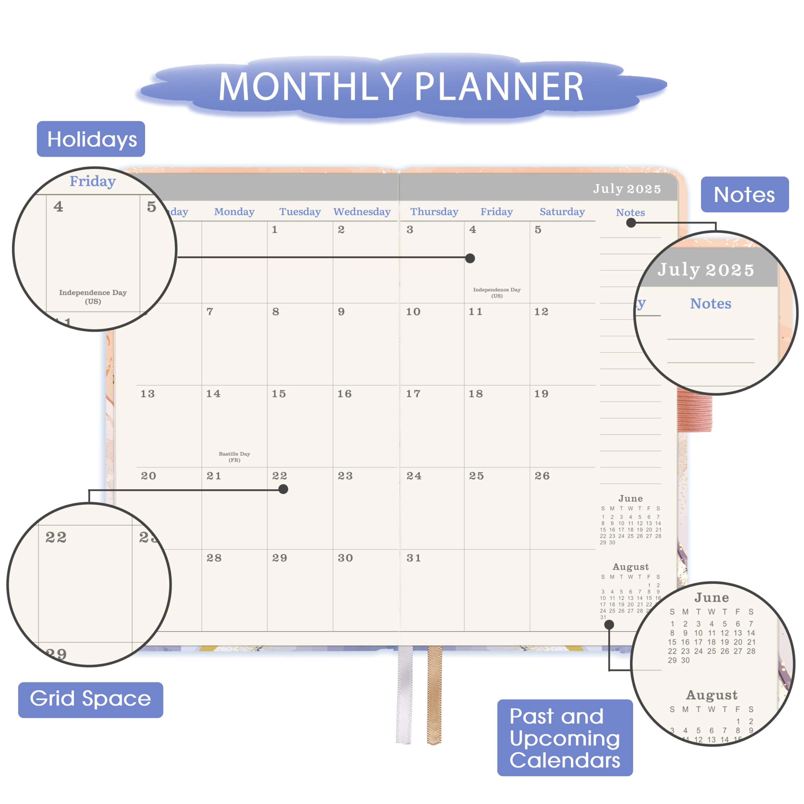 Pocket Planner/Calendar 2023-2026 - Monthly Pocket Planner/Calendar with 63 Notes Pages, Jul. 2023 - Jun. 2026, 3.8" x 6.4", 3 Year Monthly Planner with Inner Pocket + Pen Hold - Purple Waterink