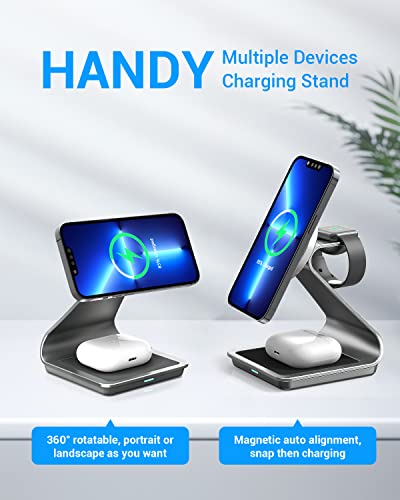 3 in 1 Wireless Charger for MagSafe, Aluminum Alloy Wireless Charging Station, Compatible with iPhone 14/13/12, Apple Watch, AirPods Pro/3/2 (Cable and Adapter Included) Space Grey