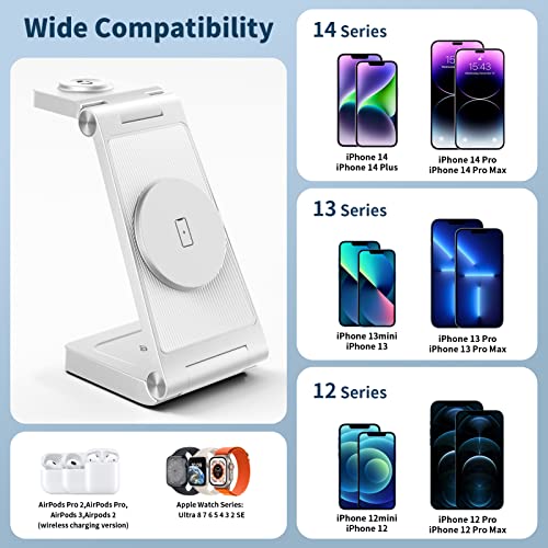 GEJIUCAI Magnetic Wireless Charger, 3 in 1 Fast Wireless Charging Station for Multiple Devices Apple Watch Ultra 8/7/6/5/4/3/2, for iPhone 14/Pro/Max/Plus/13/12, AirPods Pro (White)